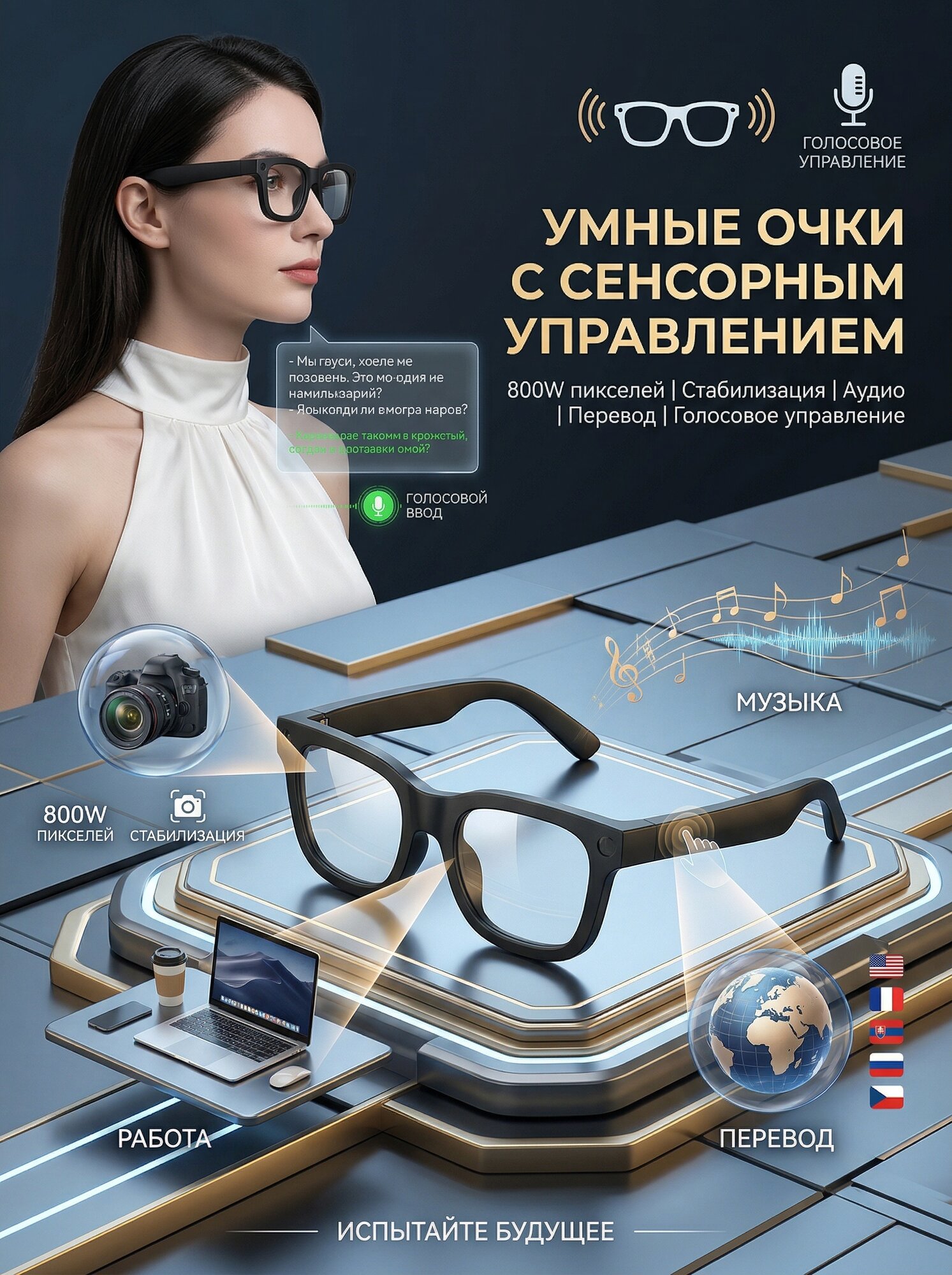 Умные очки с камерой и микрофоном,800W камера, с AI-переводом в реальном времени , Музыка, с iOS/Android