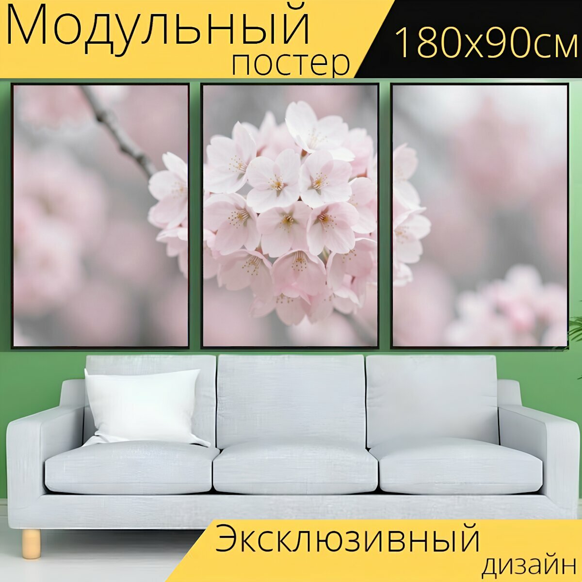 Модульный постер "Нежно-розовые цветы сакуры. Крупный план весеннего цветения на тонких ветвях, пастельные оттенки, мягкий боке." 180 x 90 см. для интерьера на стену в тубусе