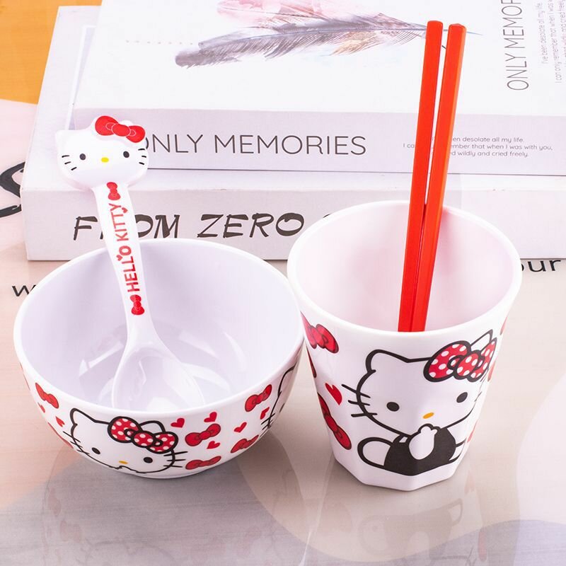 Детская посуда с мультяшным рисунком, миска с ручкой Hello Kitty, тарелка с разделителями для школьников, ударопрочная и противоожоговая миска и кружка.