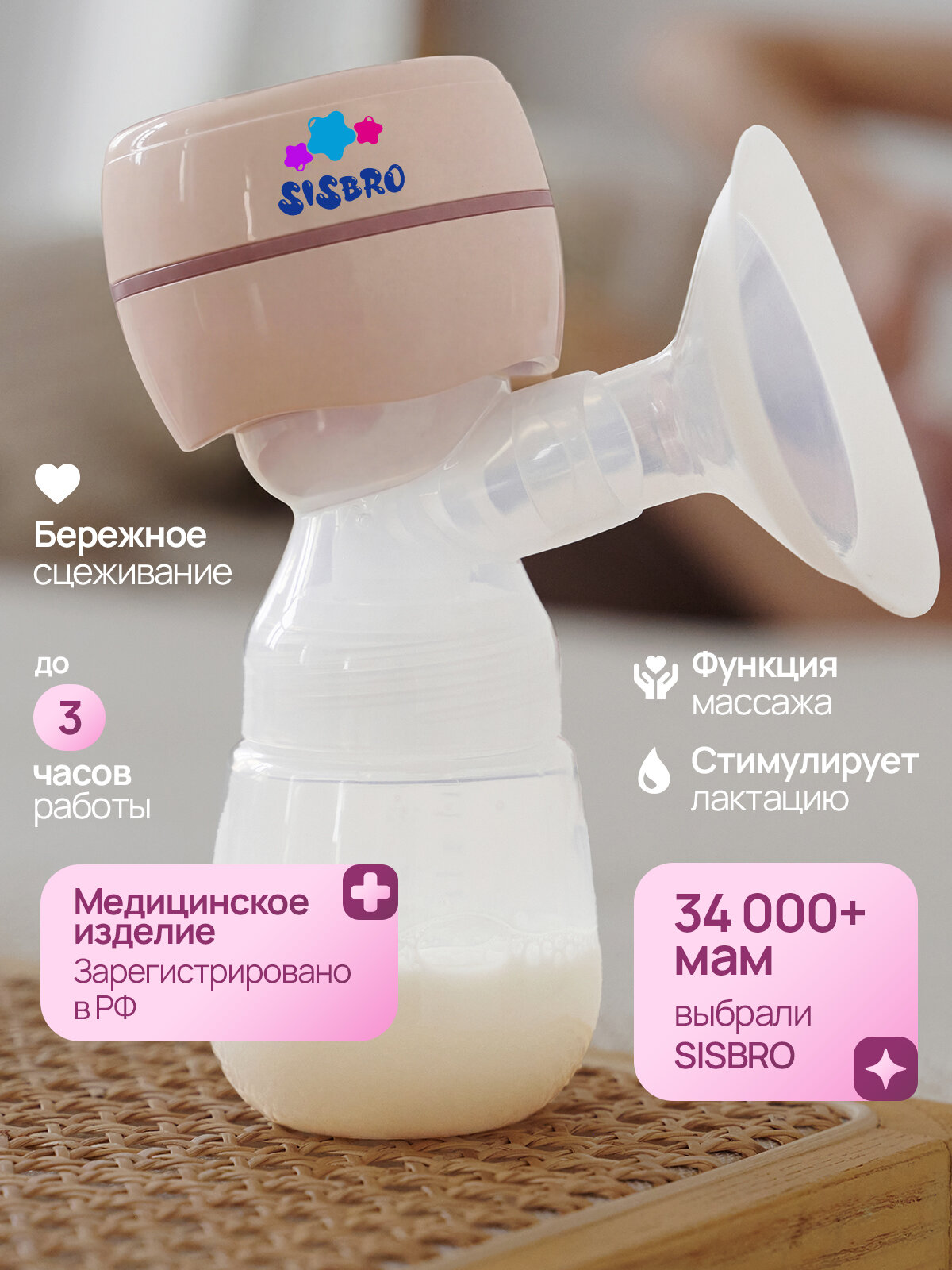 Молокоотсос электрический Sisbro, розовый, 3 режима, USB-зарядка