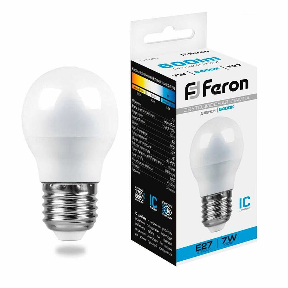 Лампа светодиодная E27 7 Вт G45 шар дневной белый свет 6400K Feron LB-95 25483