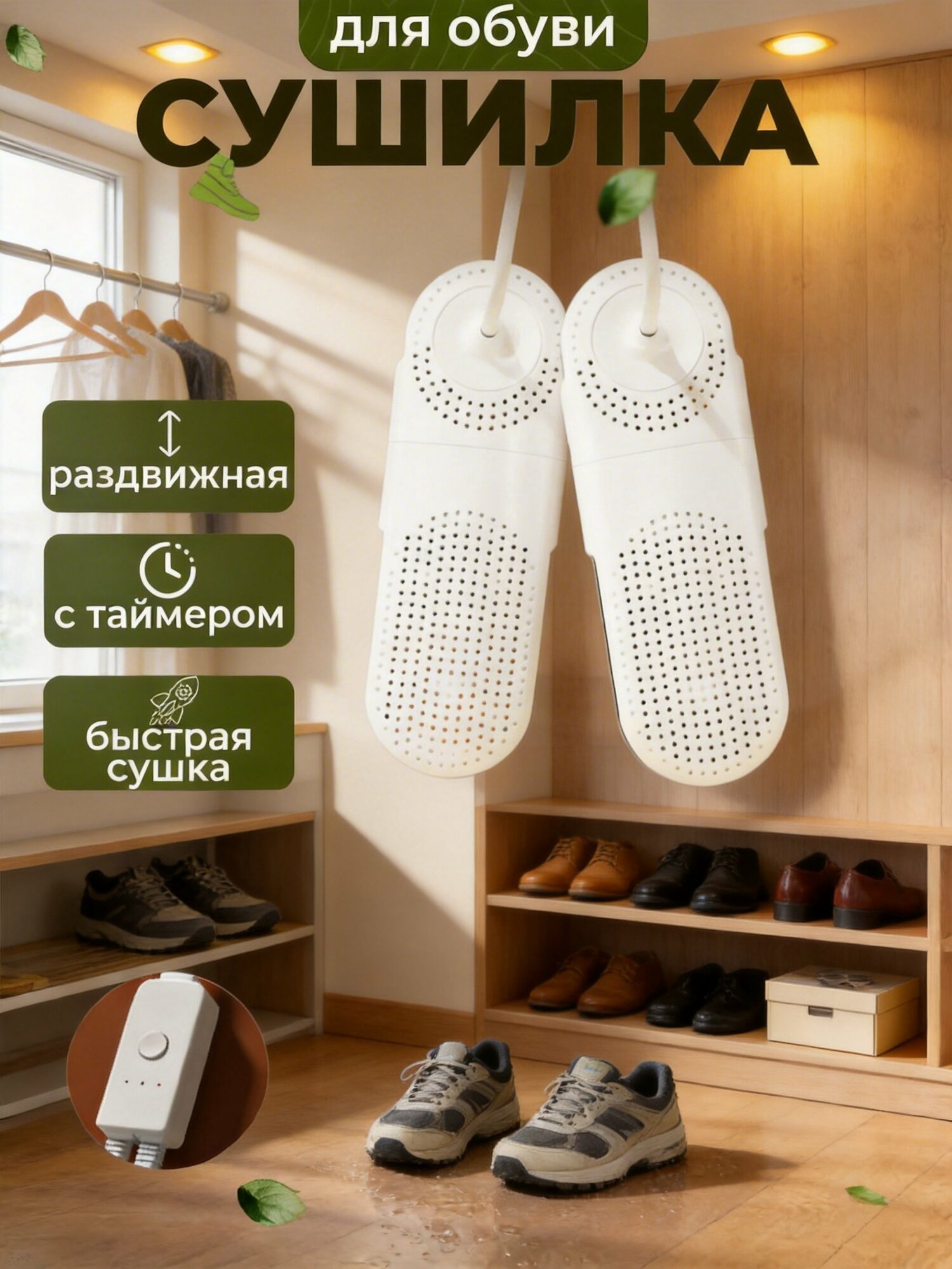 Сушилка для обуви электрическая, раздвижная с таймером 4-8-12 часов для ботинок, кроссовок, сапог и туфель с огнеупорным ABS корпусом и фиолетовой подсветкой