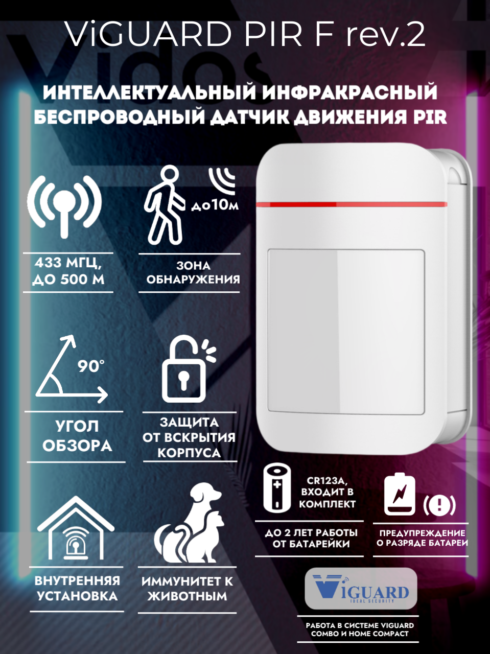 Датчик движения ViGUARD PIR F rev.2, пластик, беспроводной, для внутренней установки, белый