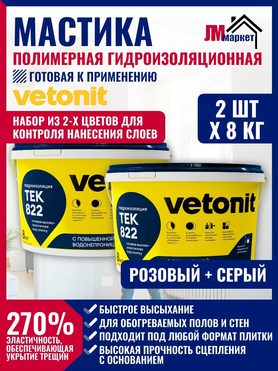 Мастика гидроизоляционная Vetonit Tec 822, 8 кг 2 шт розовая и серая, готовая к применению, гидроизоляция обмазочная