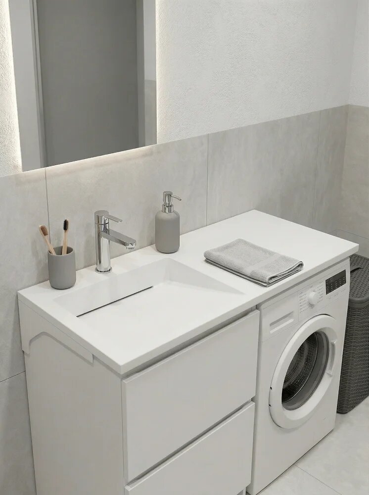 Раковина над стиральной машиной STWORKI Авила 120 L с правым крылом, белая, глянцевая, раковина для ванной из искусственного камня, прямоугольная, со скрытым сливом