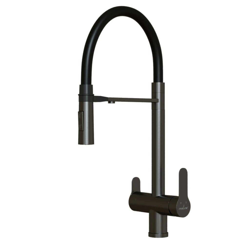 Смеситель для кухни Mixline MLSS-0401BL графит с гибким изливом с подключением к фильтру однорычажный (556015)