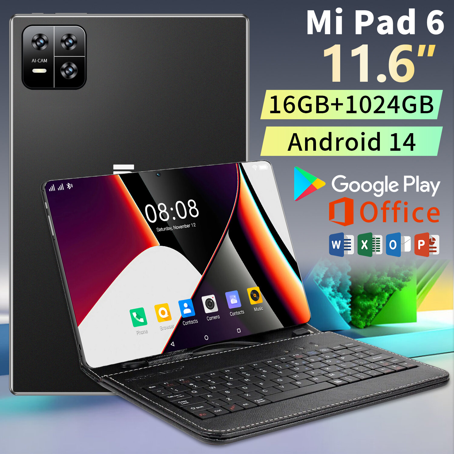 Планшеты для учащихся Mi Pad 6, 11.6", 16gb+1024gb, Большой экран, Чёрный+клавиатура, мышь, стилус