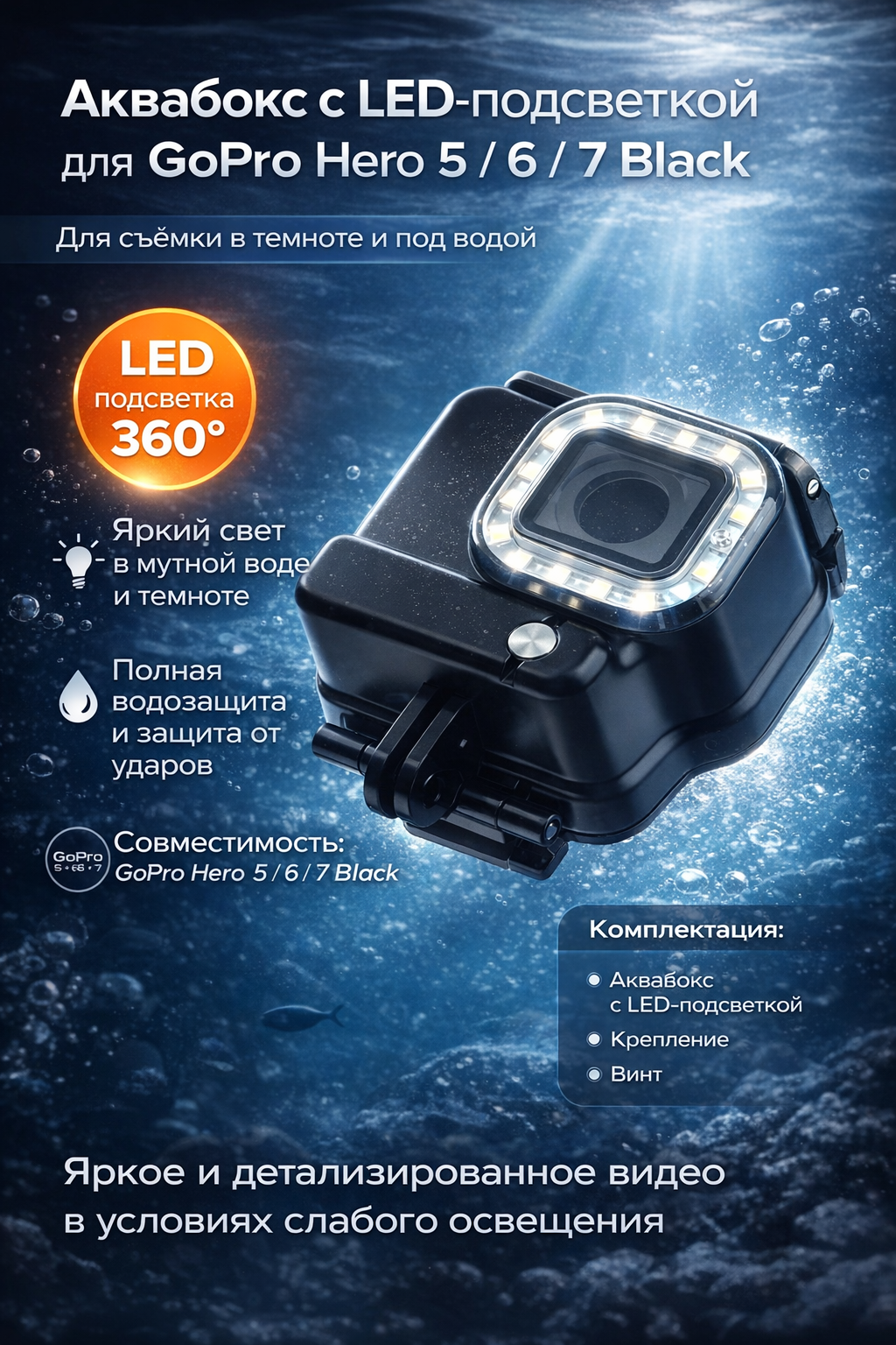 Аквабокс Redline для GoPro Hero 5/6/7 Black с LED подсветкой 360° – подводный защитный бокс