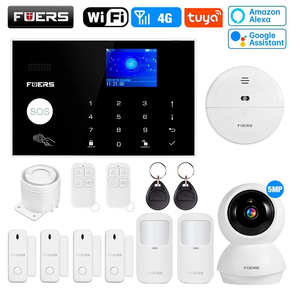 FUERS Tuya Smart WIFI 4G Система тревоги Беспроводная система охраны дома от грабежей Камера Детектор движения Датчик дыма-G34 Набор для тревоги 4G 4