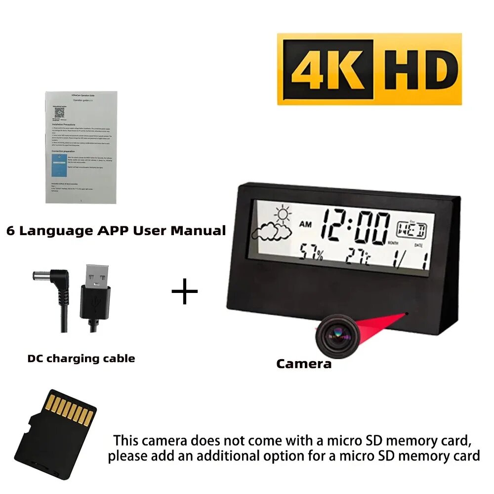 Камера часов HD 4K Mini WiFi, удалённый просмотр, локальное кольцевое хранилище, камера WiFi в стиле няни для дома — чёрный