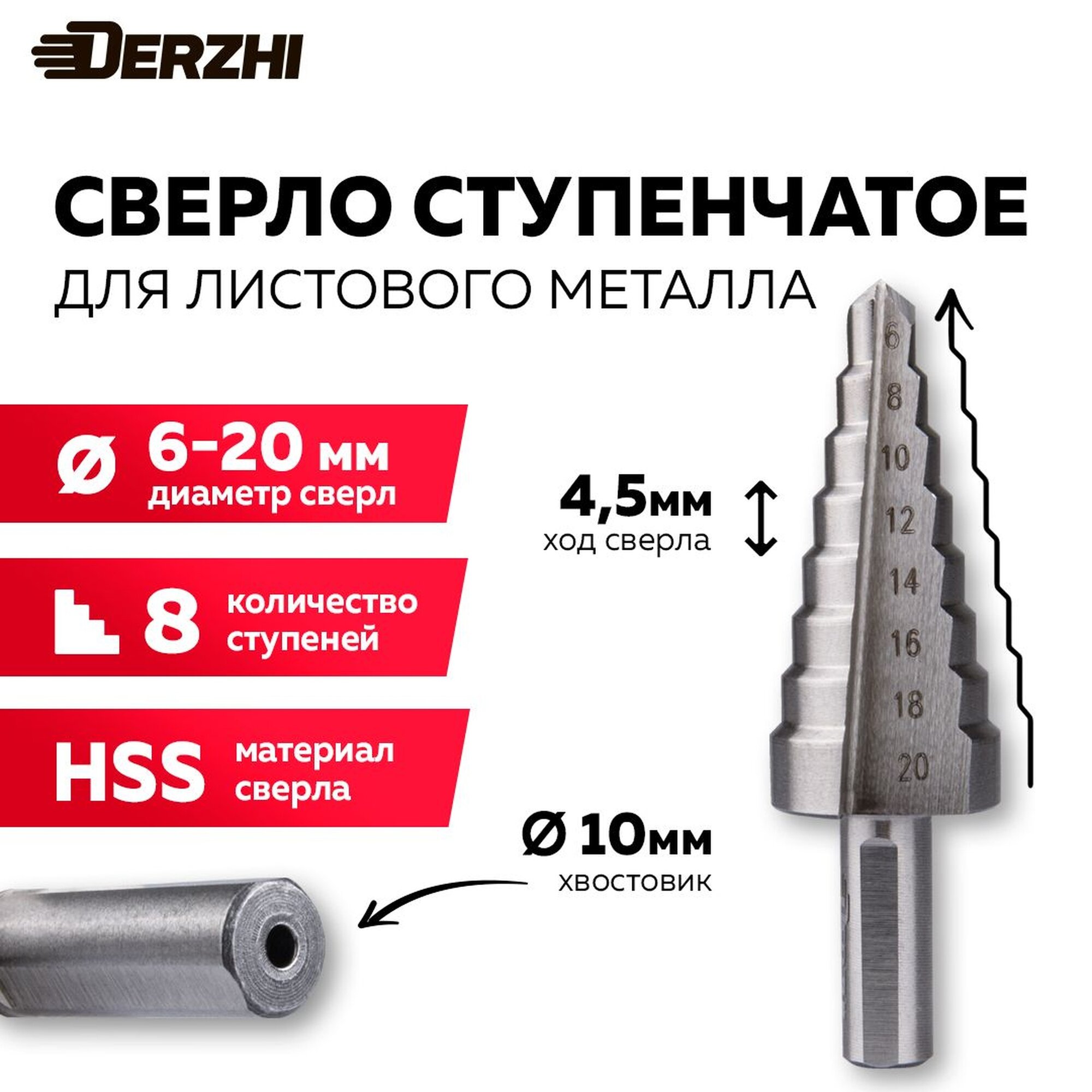 Сверло по металлу ступенчатое с трехгранным хвостовиком 6-20 мм 8 ступеней DERZHI для листового металла