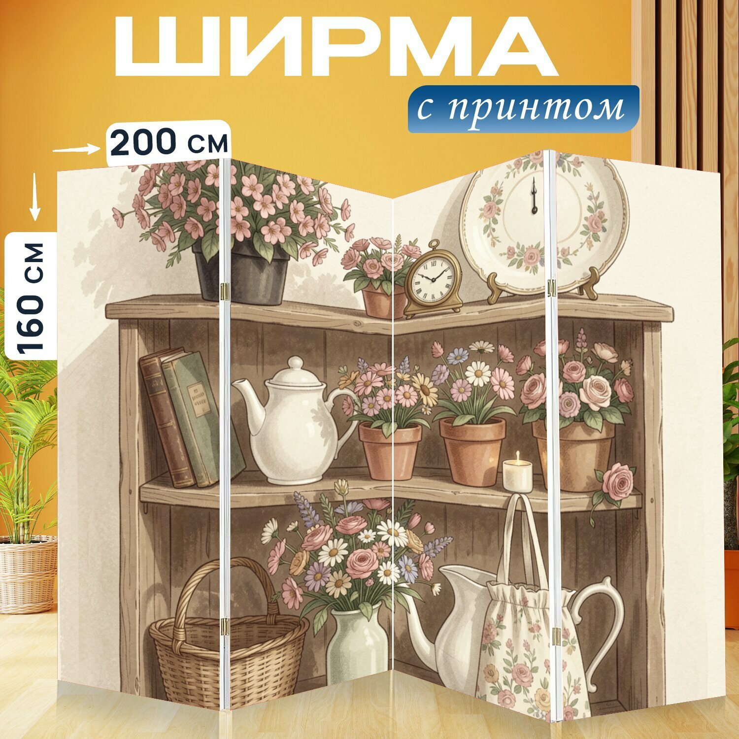 Ширма "Цветочная композиция с винтажным декором. Уютная винтажная композиция: деревянные полки с букетами." перегородка для зонирования комнаты с принтом 200x160 см. на холсте