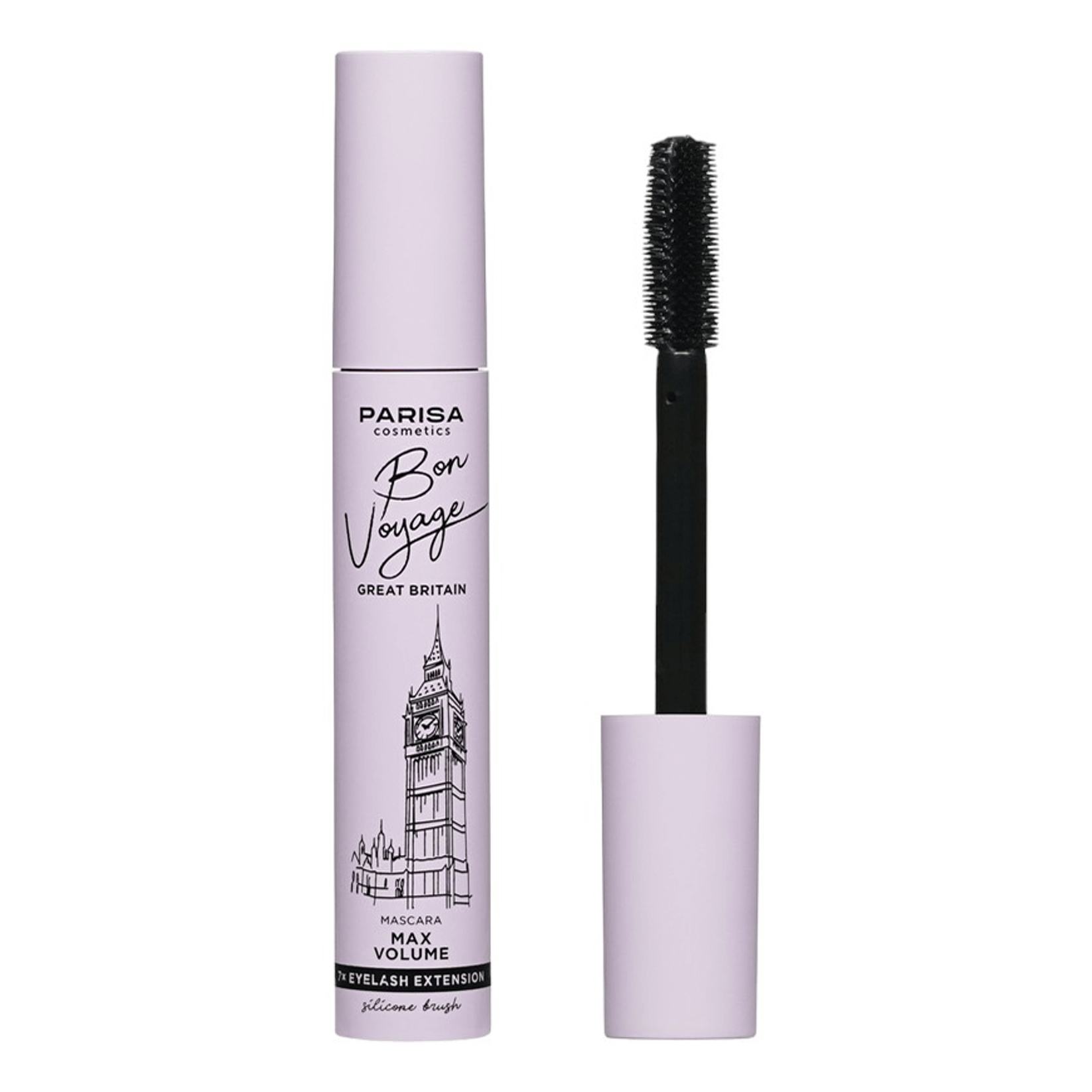 Тушь для ресниц Parisa Cosmetics Bon Voyage Great Britain Мaxx Volume, силиконовая кисть, цвет: черный, 12 мл