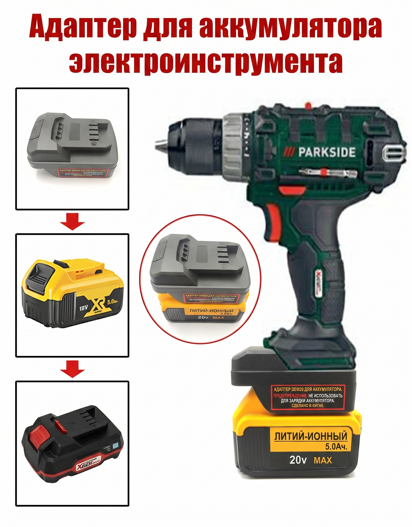 Аккумуляторный адаптер для аккумуляторов Dewalt 18V/20V и инструментов Parkside 20V