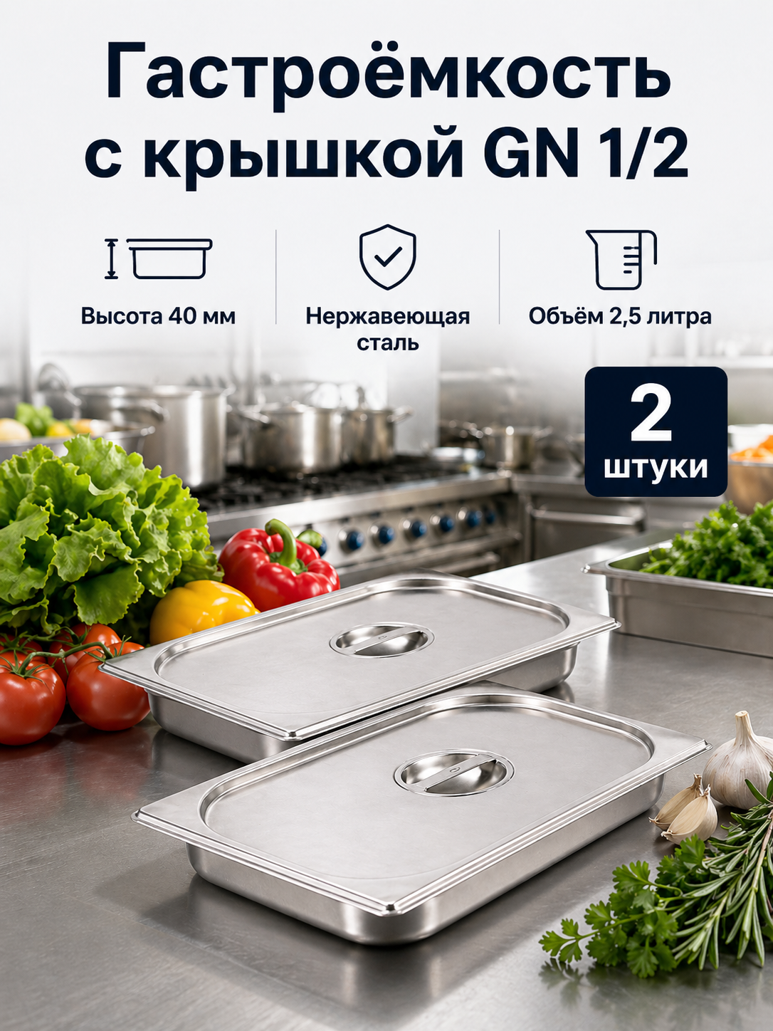 Гастроемкость GN 1/2-40 мм с крышкой, набор 2 шт, нерж. сталь