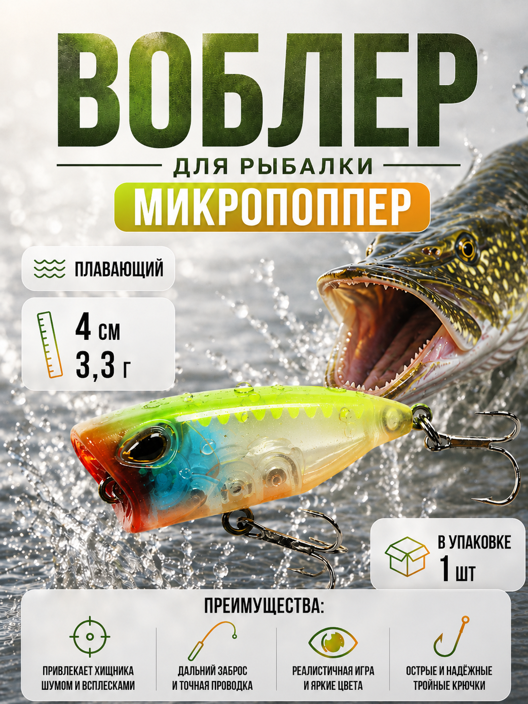 Воблер микропоппер, плавающая поверхностная приманка, с тройными крючками, 4 см/3,3 г , желто-зеленая