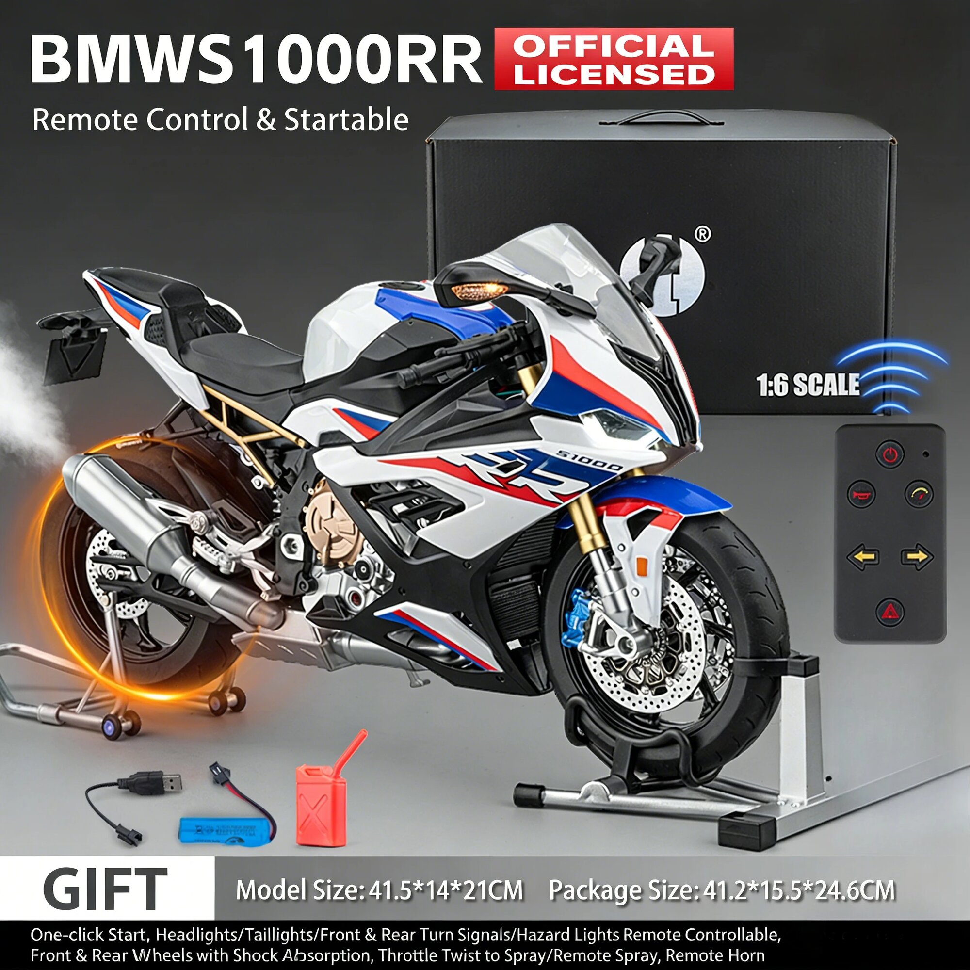 Мотоциклетная модель BMW S1000RR 1:6 с дистанционным запуском, литая под давлением, со звуком и светом, динамичная, для коллекционирования, хобби, подарок на день рождения для мальчиков