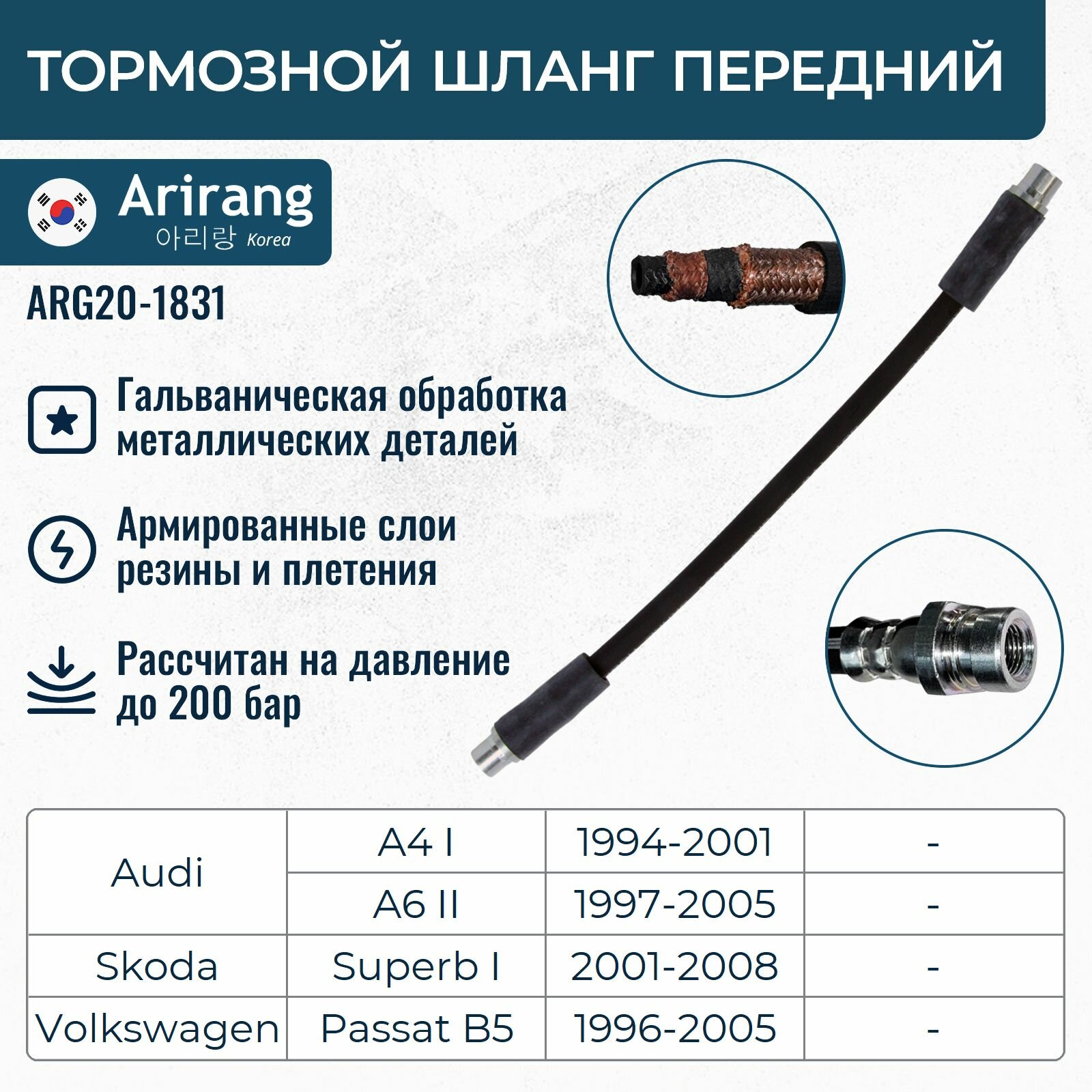 Шланг тормозной передний Фольксваген Пассат B5, Шкода Суперб 1, Ауди A4 1, A6 2 / OEM 3U0611707