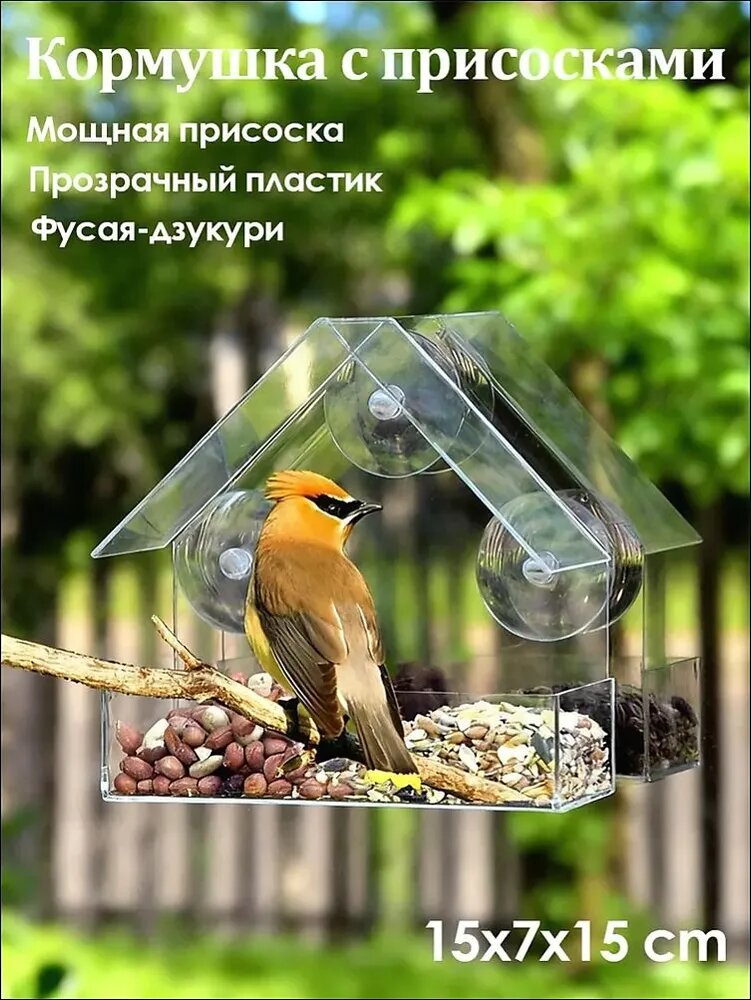 Прозрачная оконная кормушка-домик с присосками для птиц