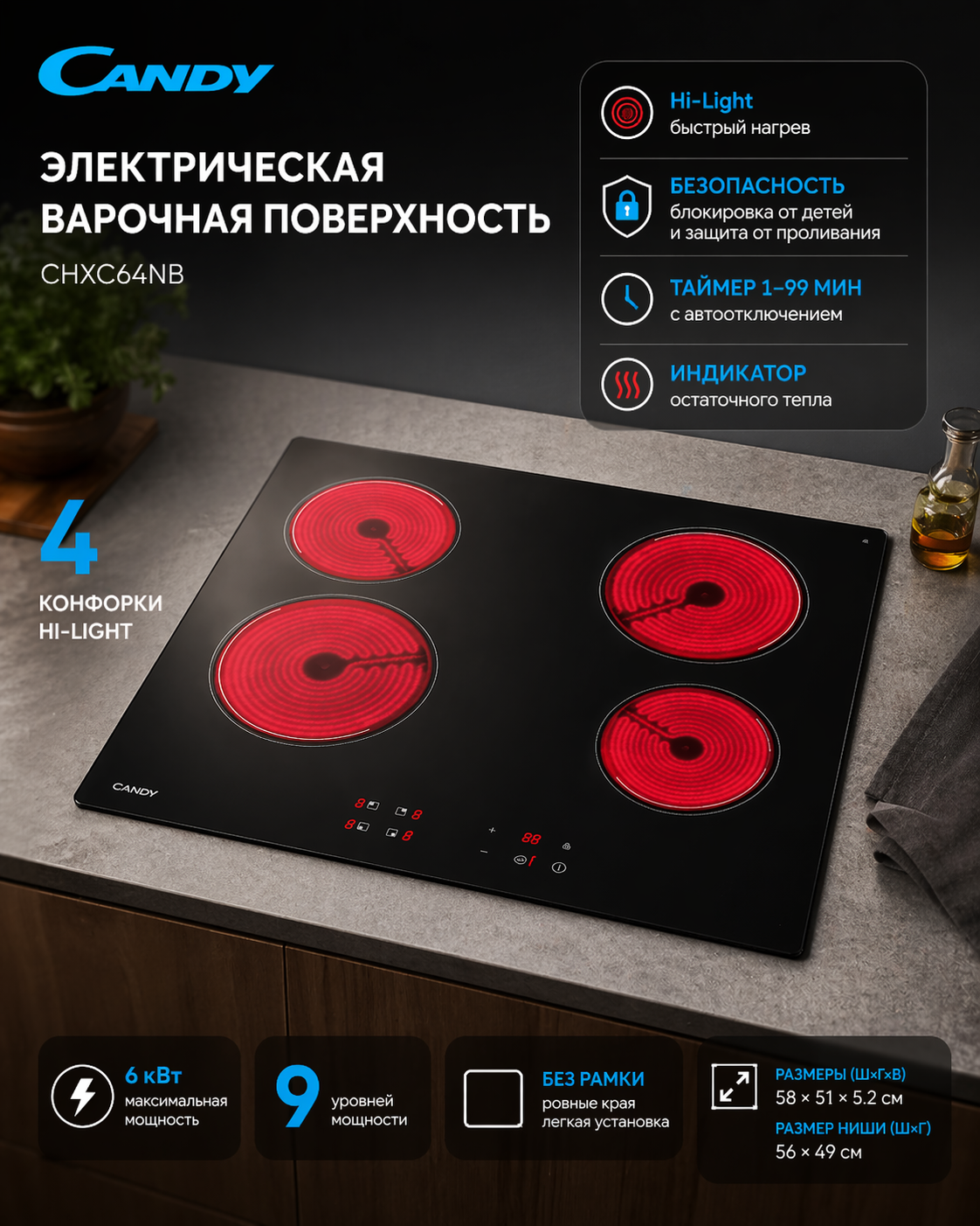 Электрическая варочная панель встраиваемая Candy CHXC64NB 4 конфорки стеклокерамика, черный