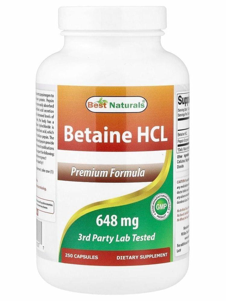 Бетаина гидрохлорид, 250 капсул, Best Naturals