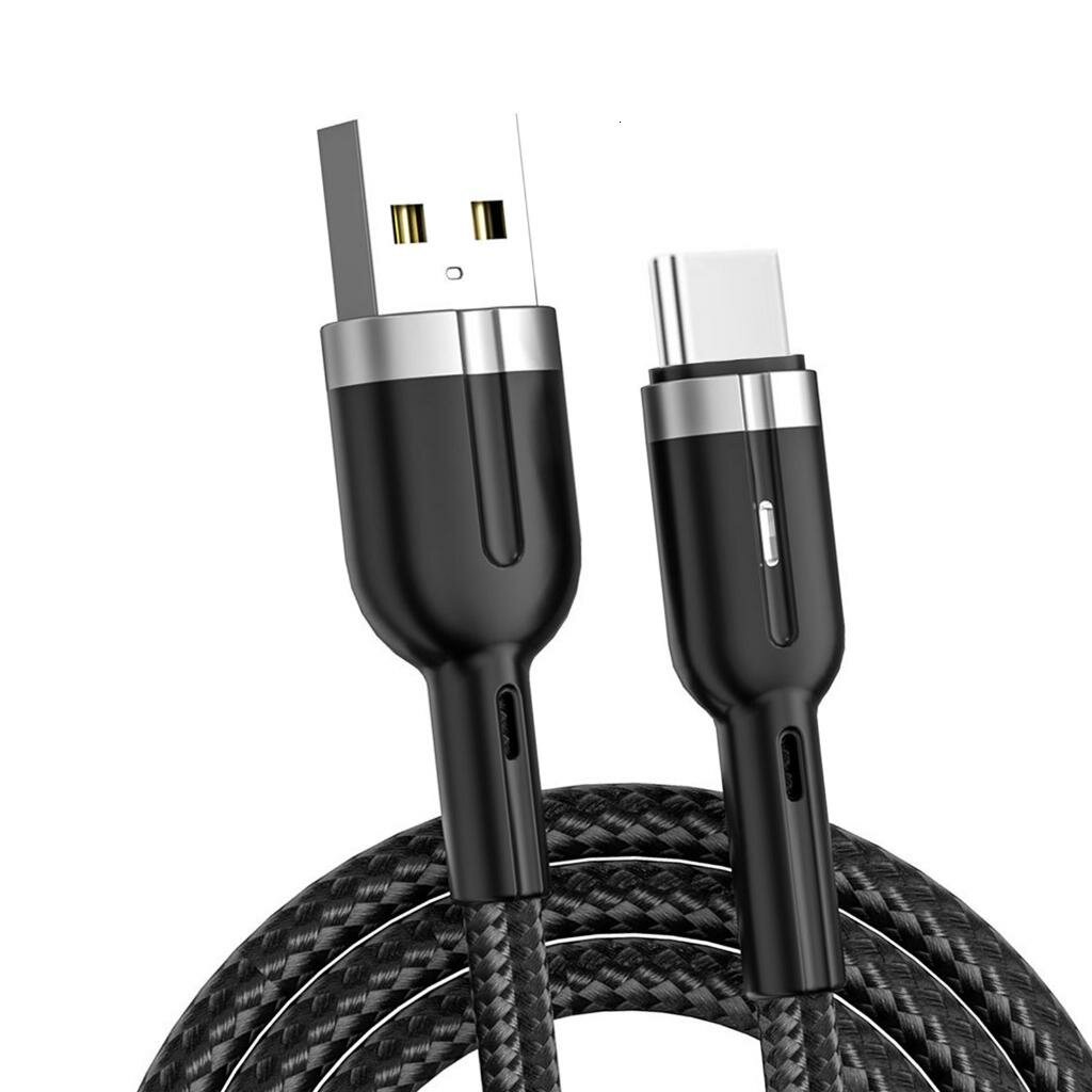 Оплетённый USB-C кабель с индикатором и защитой от перезарядки, Черный - 1.5m
