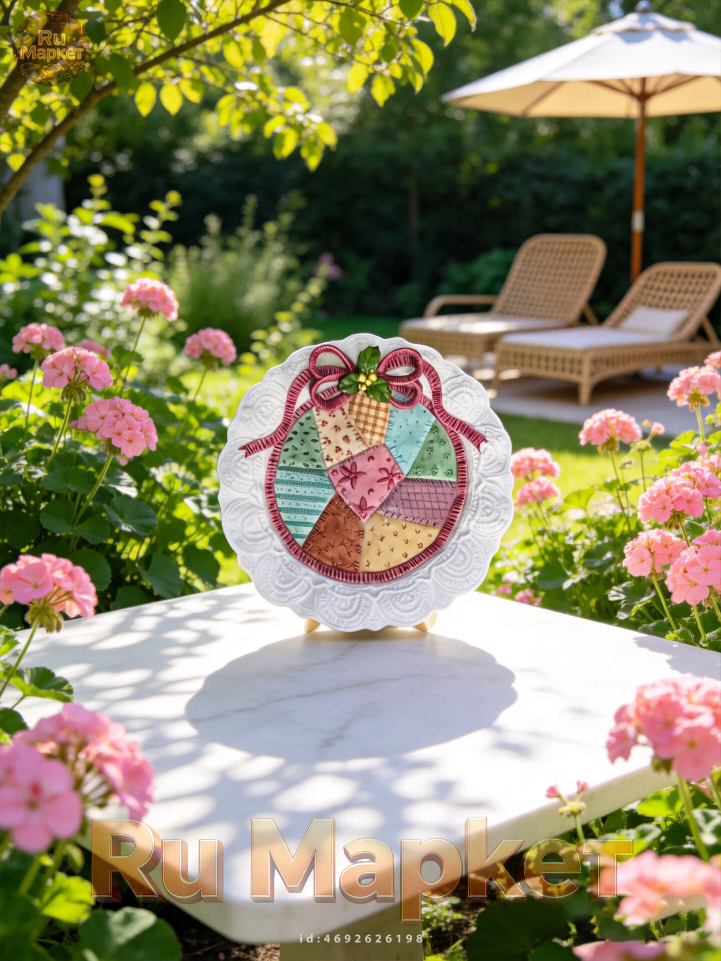 Декоративная доска, керамическая подвесная серия flower edge с бантом в стиле пэчворк ручной росписи, 1 штука, без кронштейна