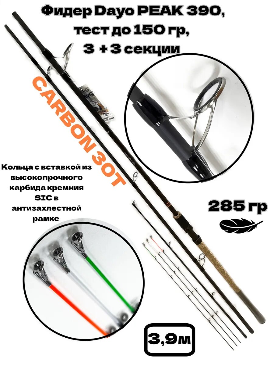 Удилище фидерное PEAK Feeder 3,90 м, тест до 150 грамм, штекерное, карбон, 3+3 секции