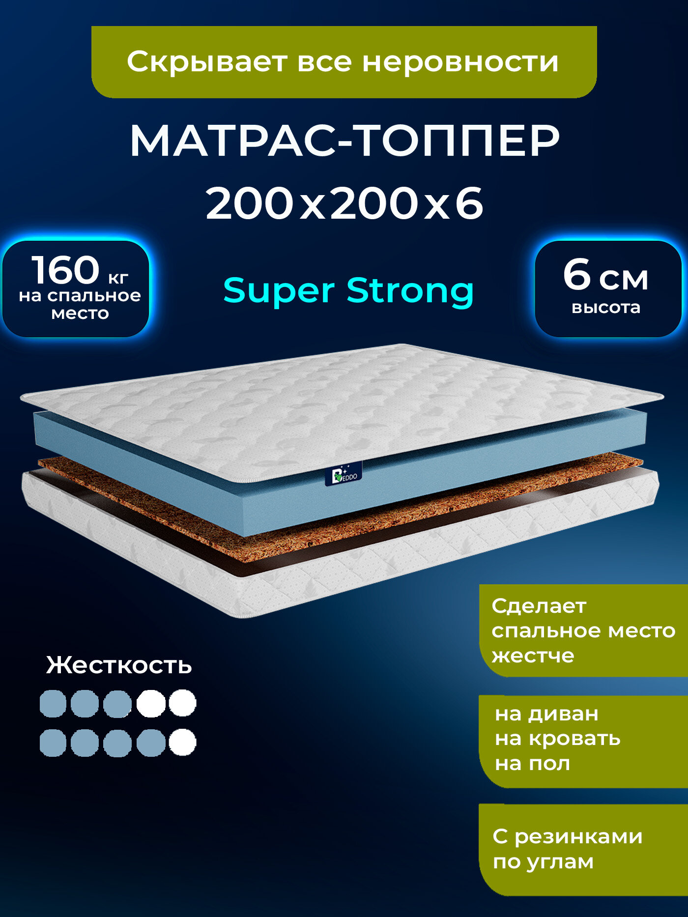 Топпер матрас 200х200 жесткий ортопедический с кокосовой койрой Super Strong