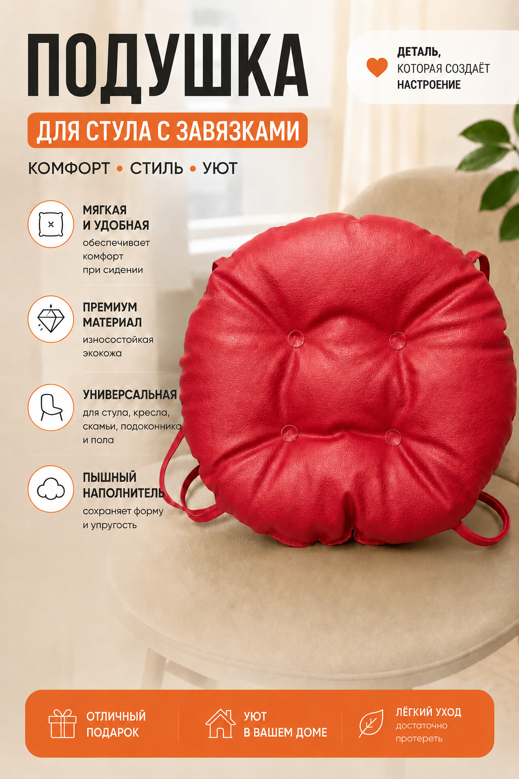Подушка на стул "Драголит", влагостойкая, искусственная кожа, круглая (диаметр 31см, высота 6см)