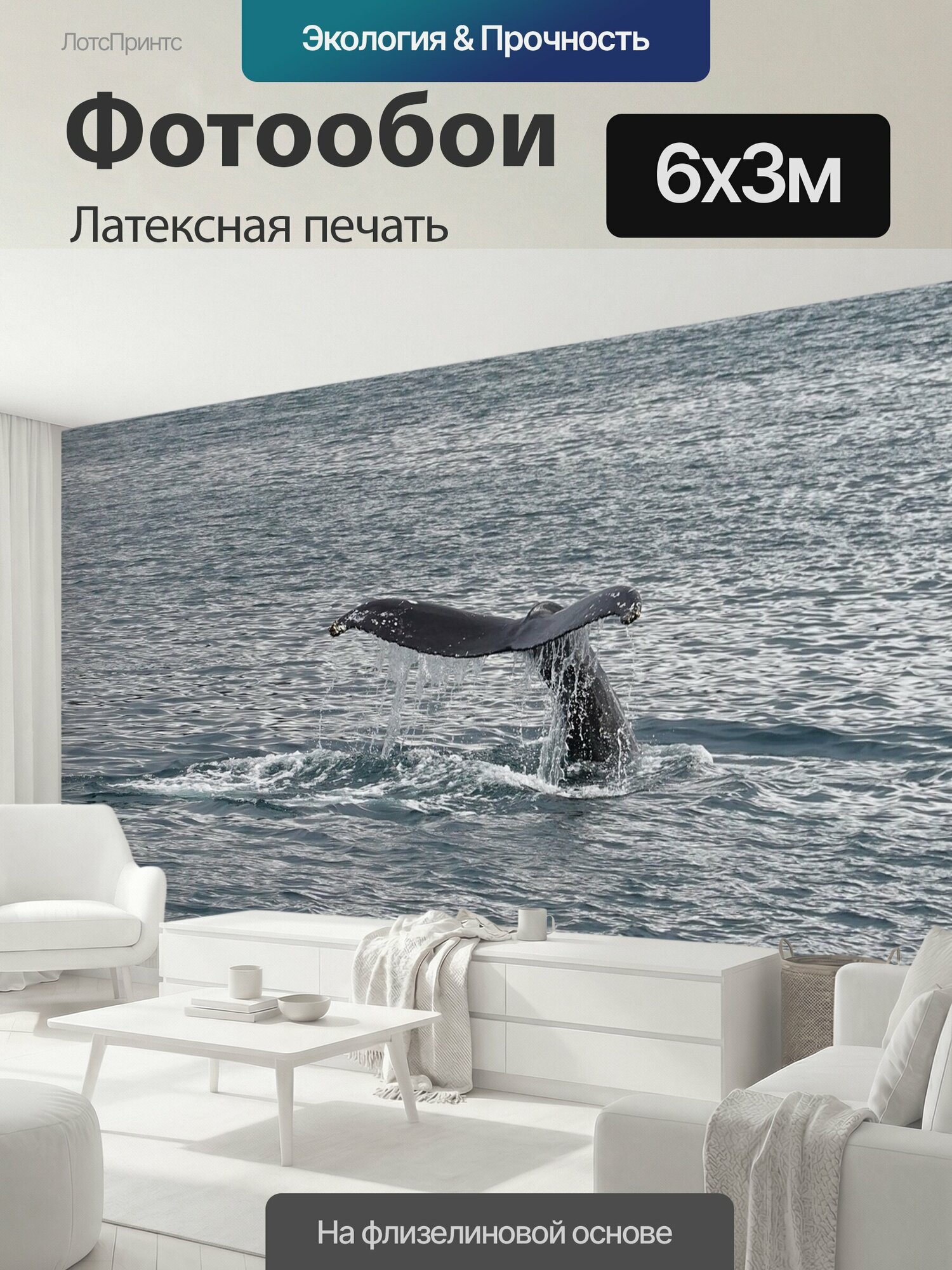 Фотообои моющиеся ударопрочные "Кит, горбатый кит, горбатых китов" 600x300 см. латексная печать