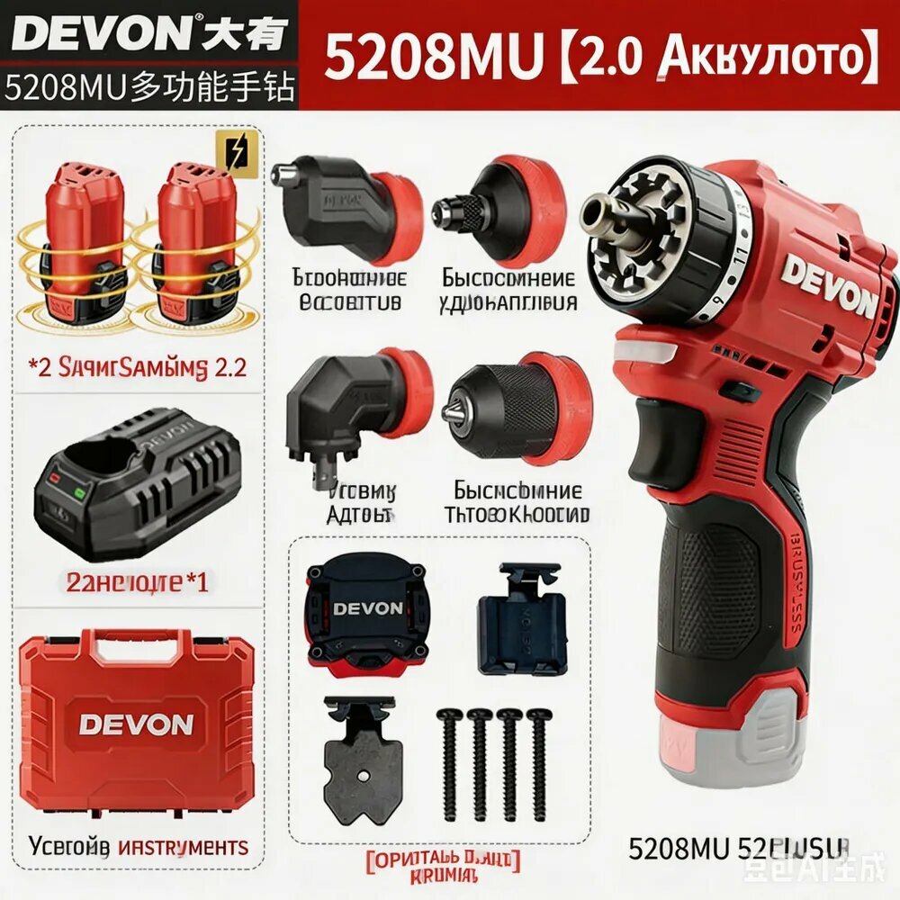 Электроинструмент для ударной дрели Devon 5208-Li-12MU (2 батарейки + 1 зарядное устройство + ящик для хранения)