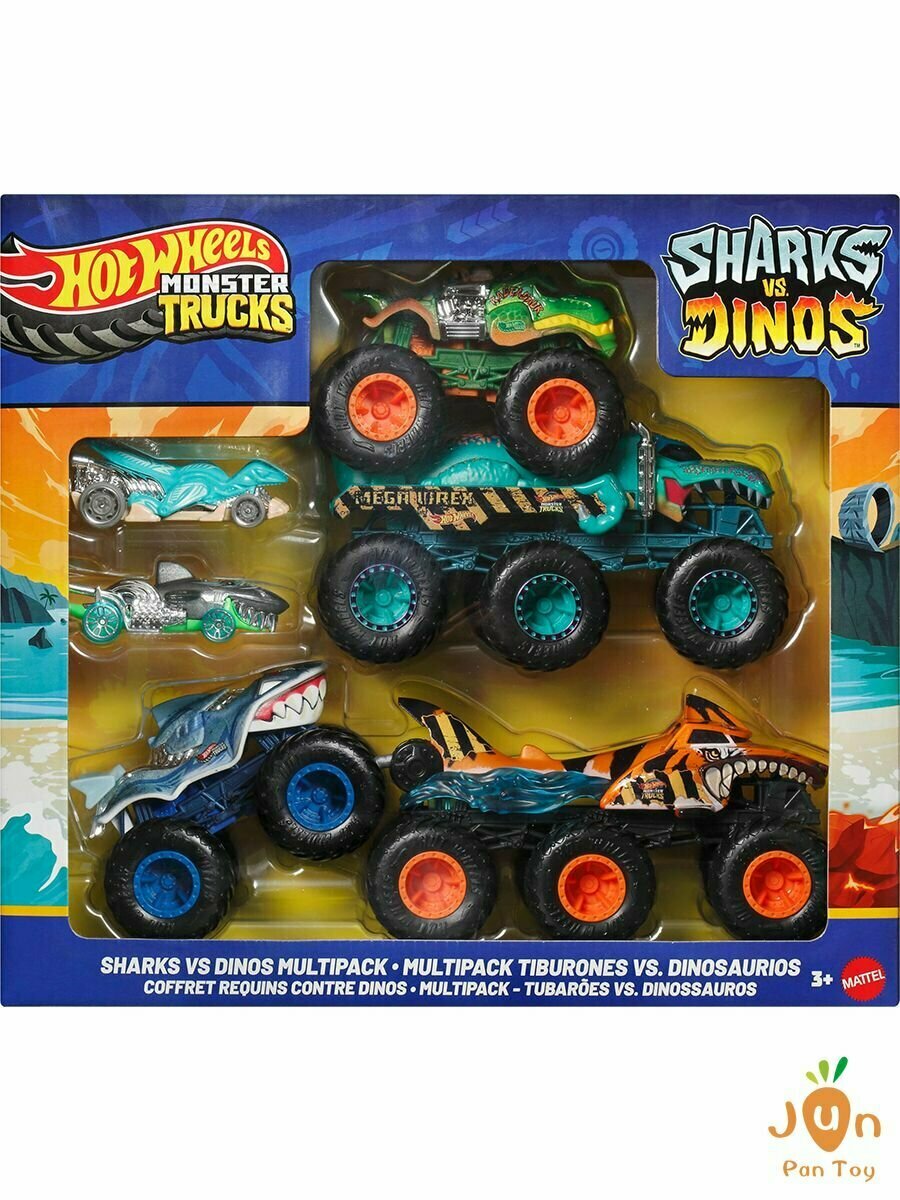 Игровой набор Hot Wheels Monster Trucks Sharks vs Dinos Multipack / Набор игрушечных машинок, включающий 3 динозавра и 3 машинки в форме акулы, подойдет в качестве подарка для детей старше 3 лет