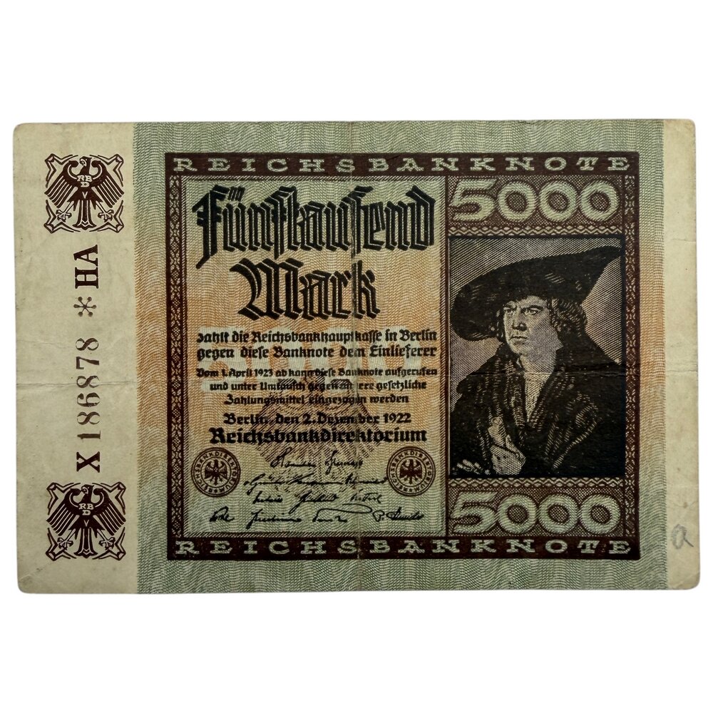 Веймарская республика (Германия) 5000 марок 1922 г. (02.12) (ВЗ - Звёзды G&D) (Серия X *HA)