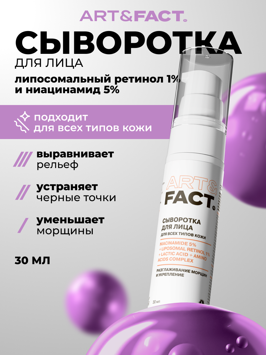 ART&FACT. / Омолаживающая сыворотка для лица с ниацинамидом 5%, липосомальным ретинолом 1%, молочной кислотой, 30мл