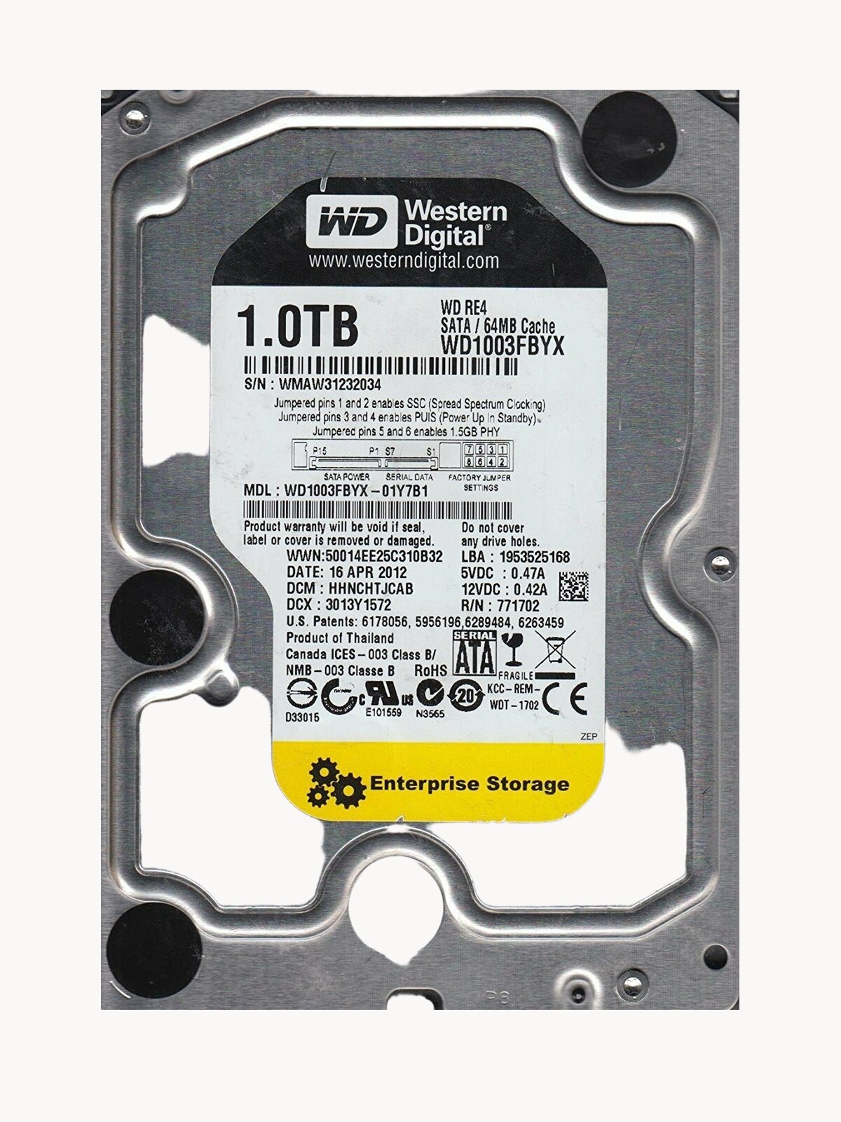 Жесткий диск Western Digital Re WD1003FBYX, 1 Тб, 7200 RPM, RAID, серый металлик