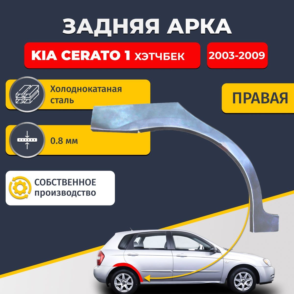 Правая задняя ремонтная арка для автомобиля Kia Cerato 1 2003-2009 Хэтчбек 5 дверей (Киа Серато 1 / Церато 1). Холоднокатаная сталь 0,8мм.