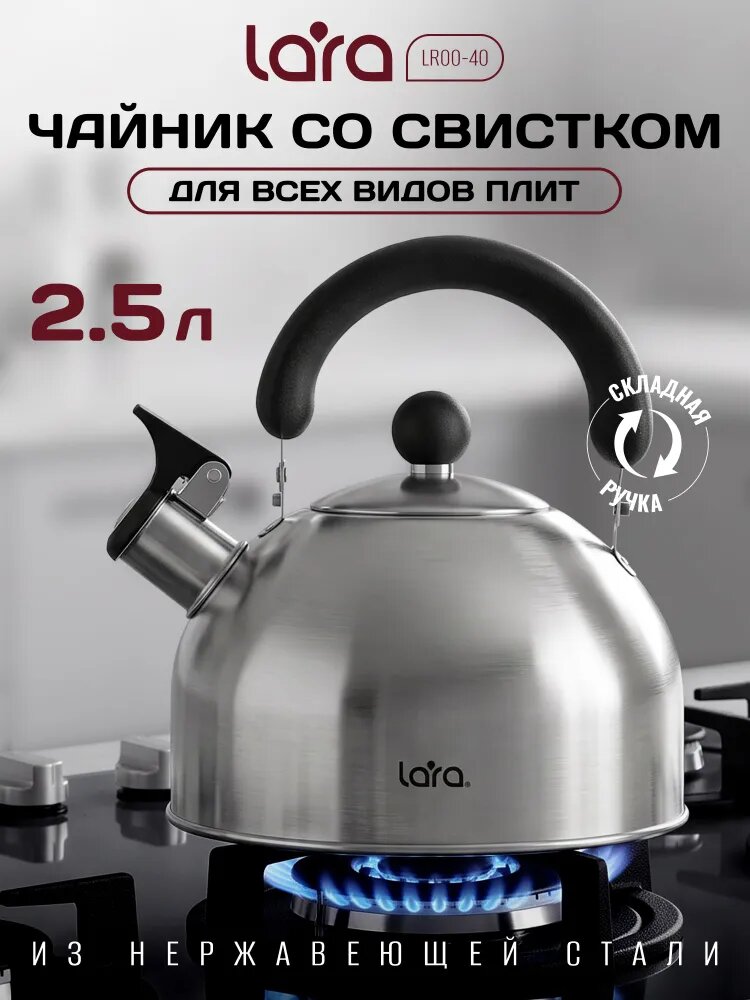 Чайник со свистком 2,5л LARA, для газовой плиты из нержавеющей стали, для индукции и всех видов плит, LR00-40