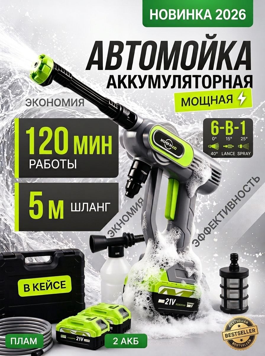 Мойка высокого давления аккумуляторная 21V (500 бар, 2 АКБ) Беспроводная автомойка, насадка 6в1, комплект с кейсом и шлангом 5м для авто, сада и дачи
