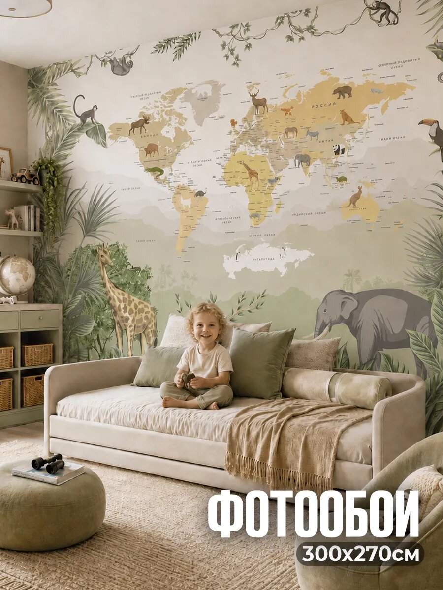 Фотообои 3d, 300x270 см, флизелиновые, влагостойкие, моющиеся, Карта мира, зеленый