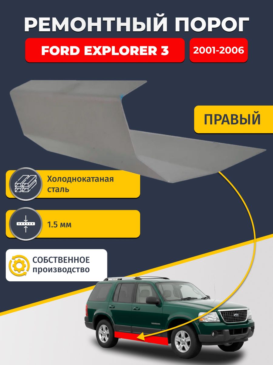 Правый ремонтный порог для Ford Explorer 3 2001-2006, холоднокатаная сталь 1.5 мм (Форд Эксплорер 3), порог автомобильный, стандартный. Кузовной ремонт.