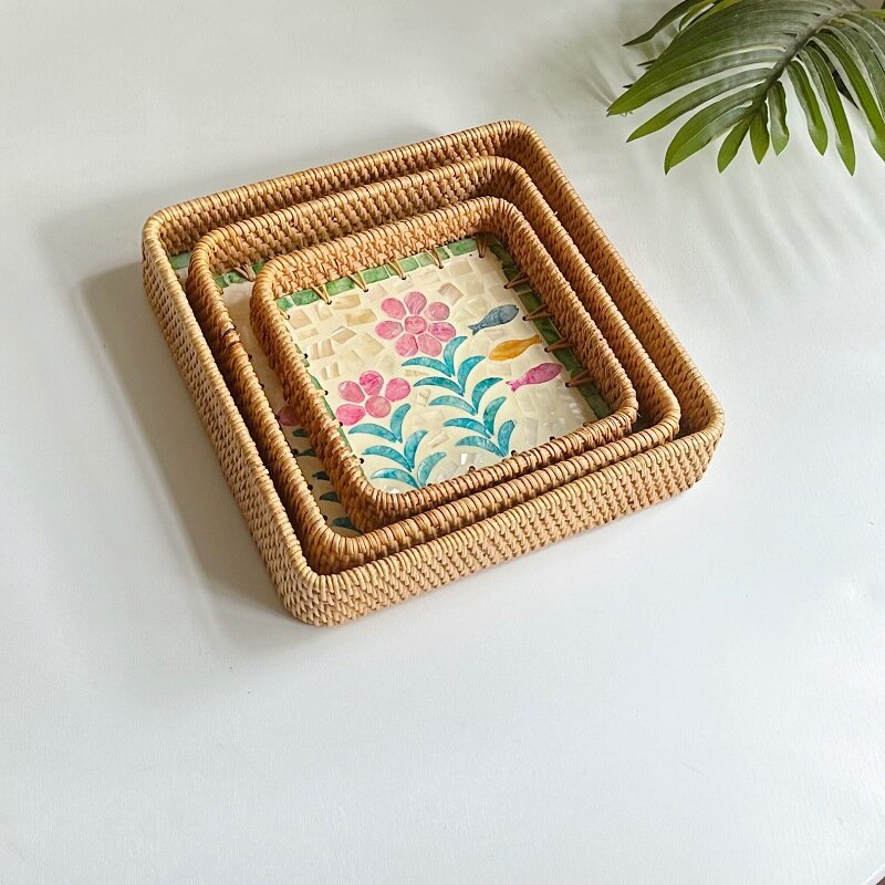 Вьетнамская плетеная тарелка из ротанга с цветными ракушками, скандинавский креативный ручной работы, декоративная тарелка для фруктов, поднос для хранения украшений, поднос для чая, квадратная тарелка