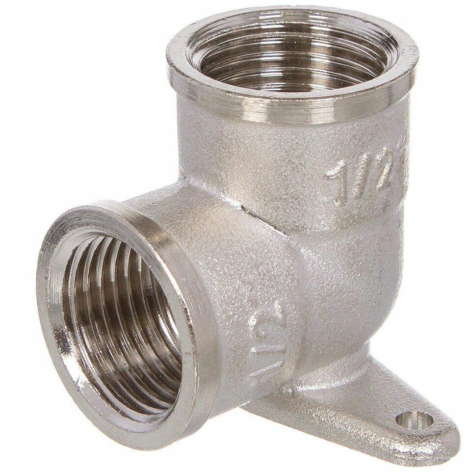 Угольник с креплением, латунь, внутренняя/внутренняя резьба 1/2"х90°, никель, RTP