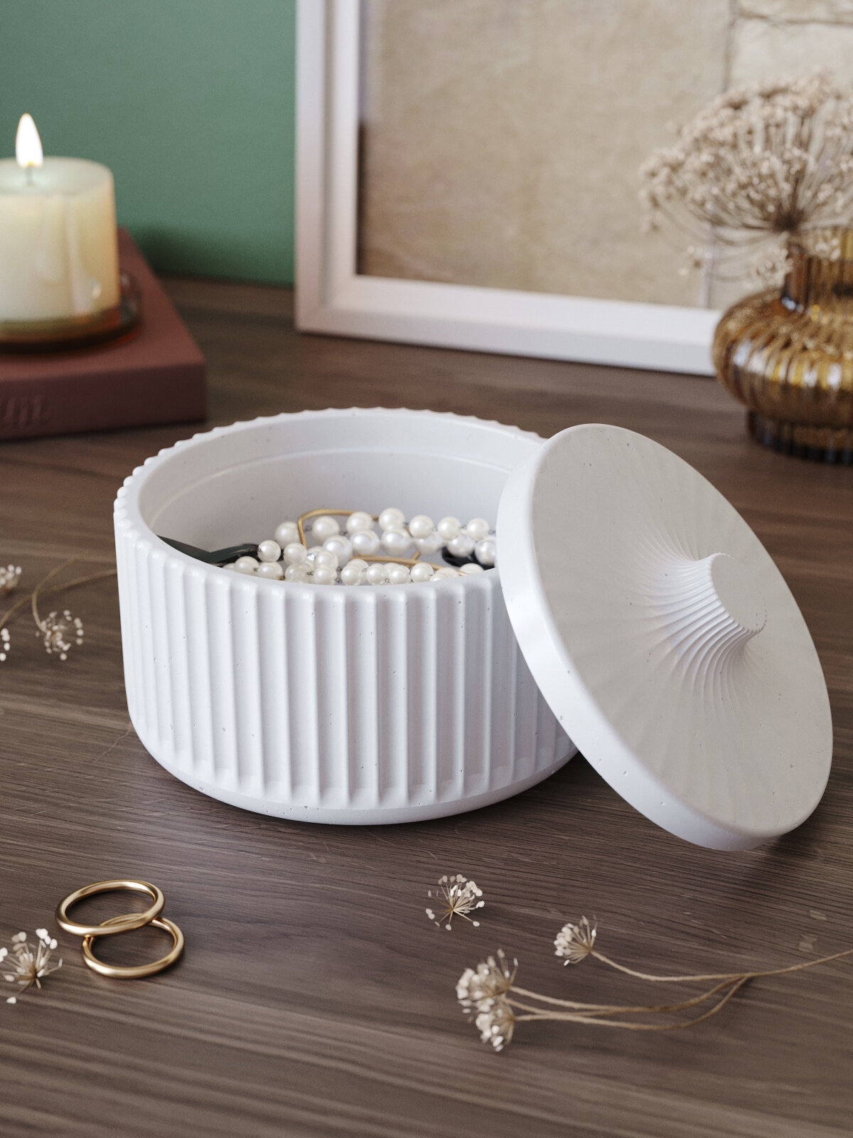 Шкатулка для украшений Chloe M, 12,5x12,5x7 см, с бетонной крышкой, бетон, белая глянцевая