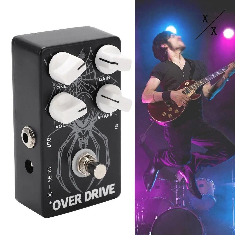 Педаль гитары Overdrive Distortion Эффект педаль гитары с управлением тоном, усилением и объемом, металл, черный — фото 1