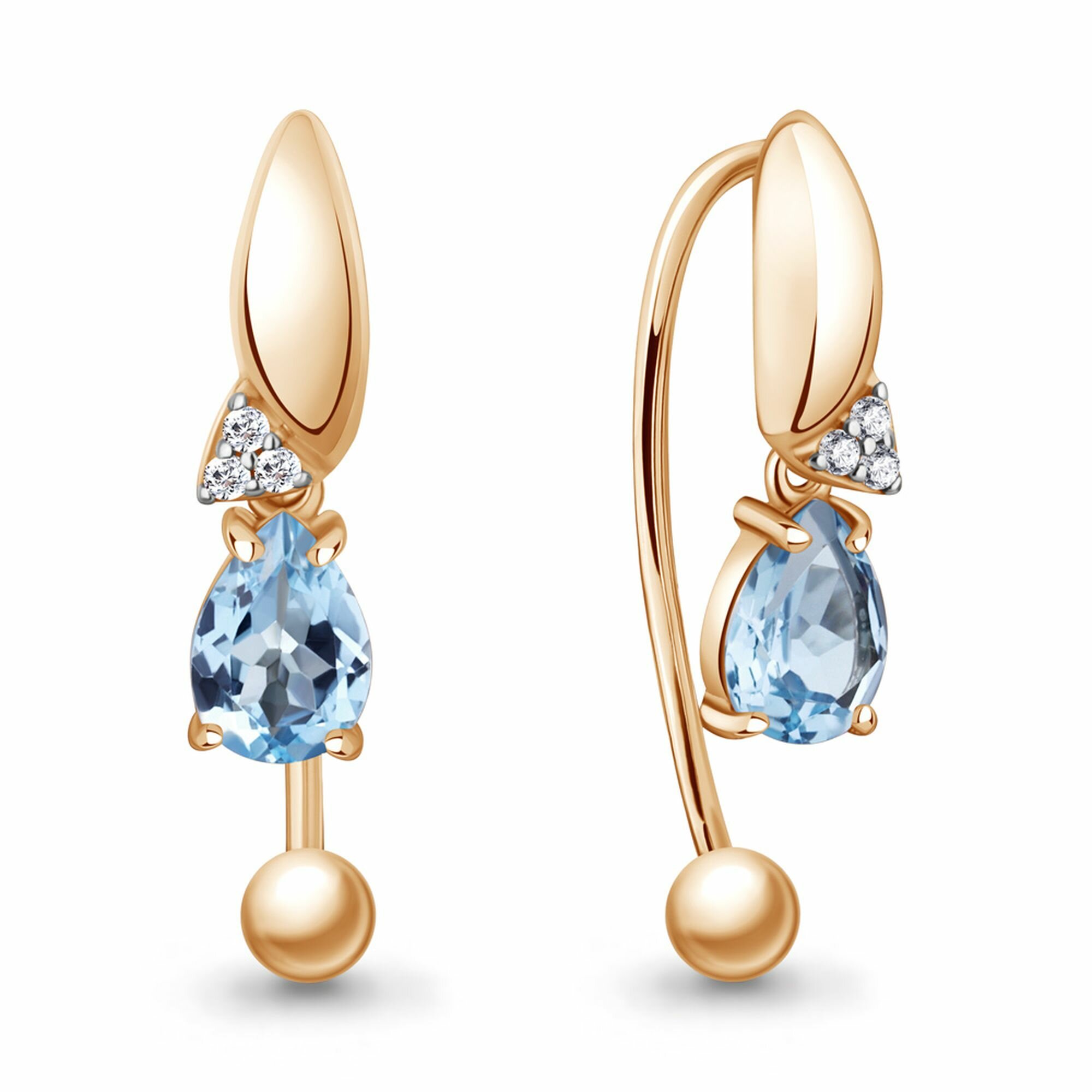 Серьги, серебро, 925 проба, золочение, фианит, топаз