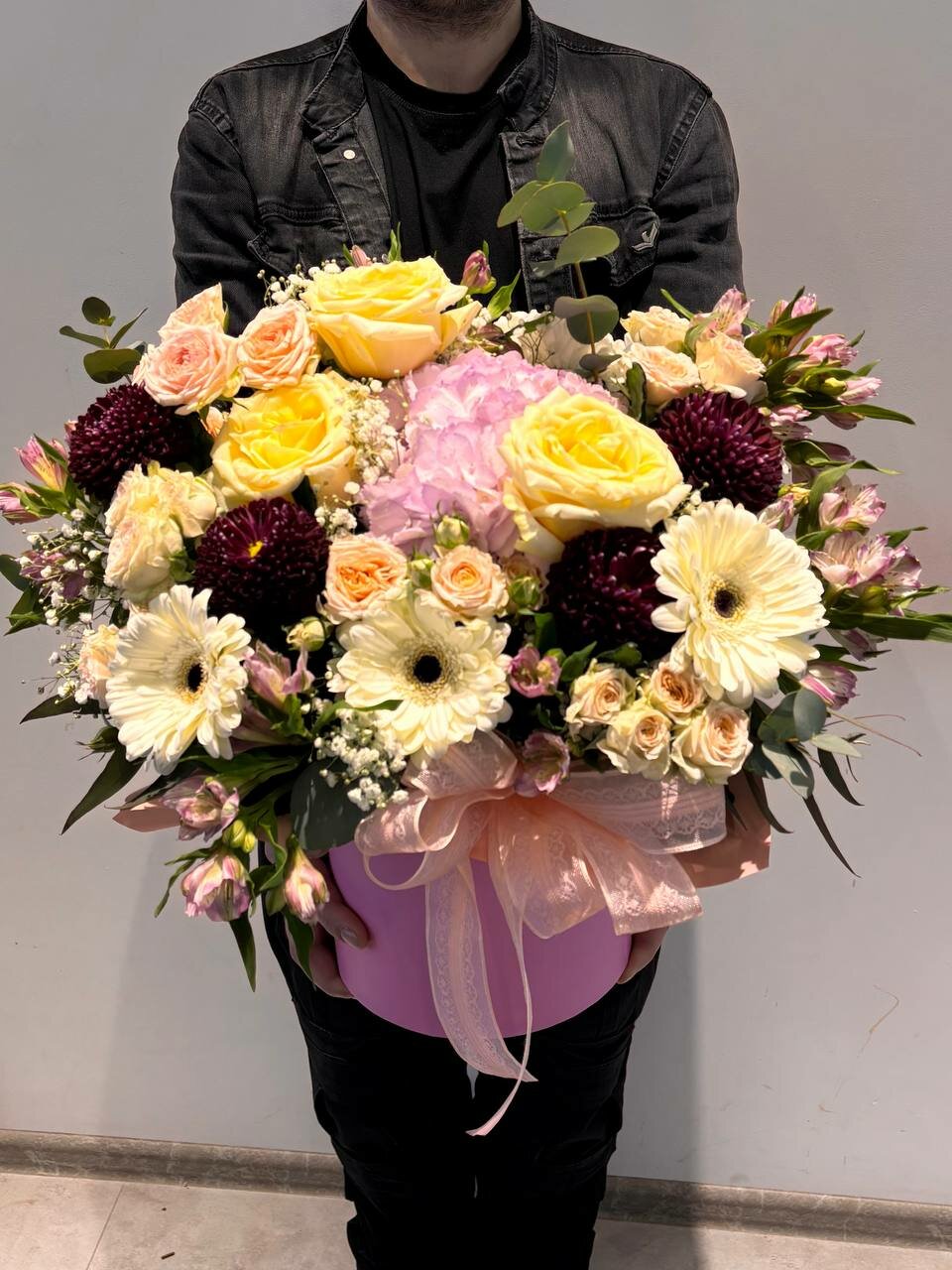 Букет в шляпной коробке с розами и гортензией Нежность