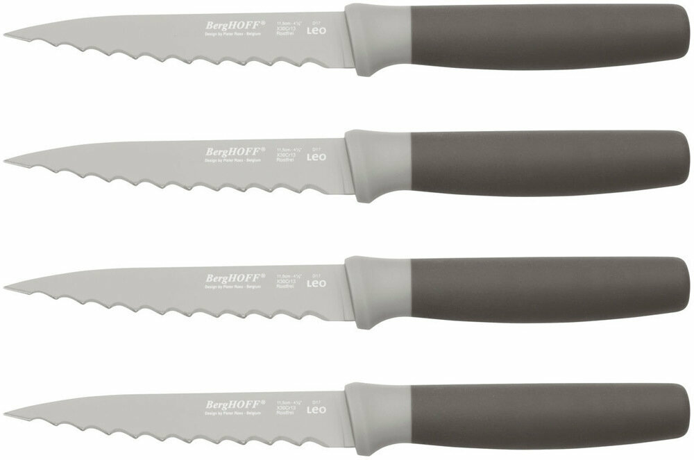 Набор ножей кухонных для стейка, BergHOFF Leo, 4 штуки, с зубчиками, пластиковая ручка с покрытием soft touch, серый