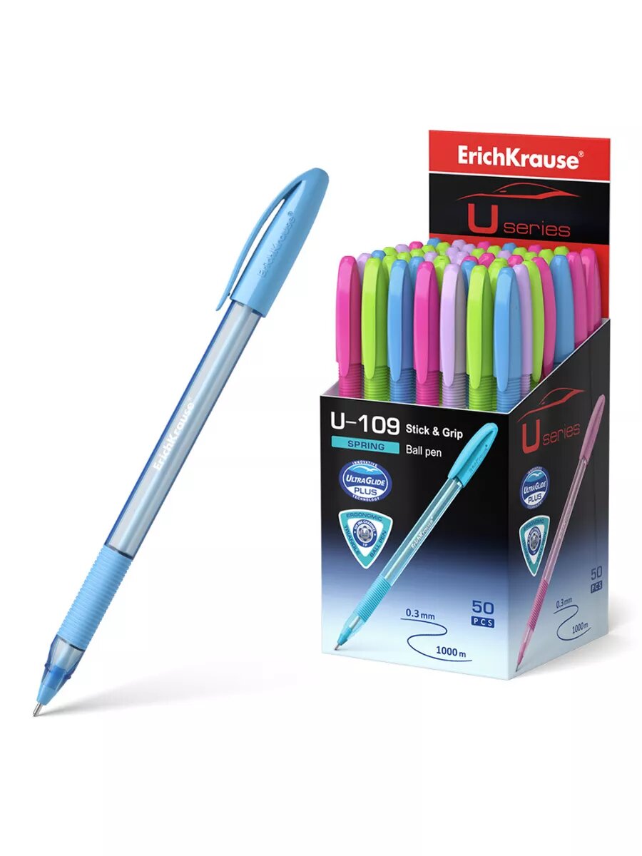 Ручка шарик. U-109 Stick&Grip Spring 1.0, синяя, 50 шт.