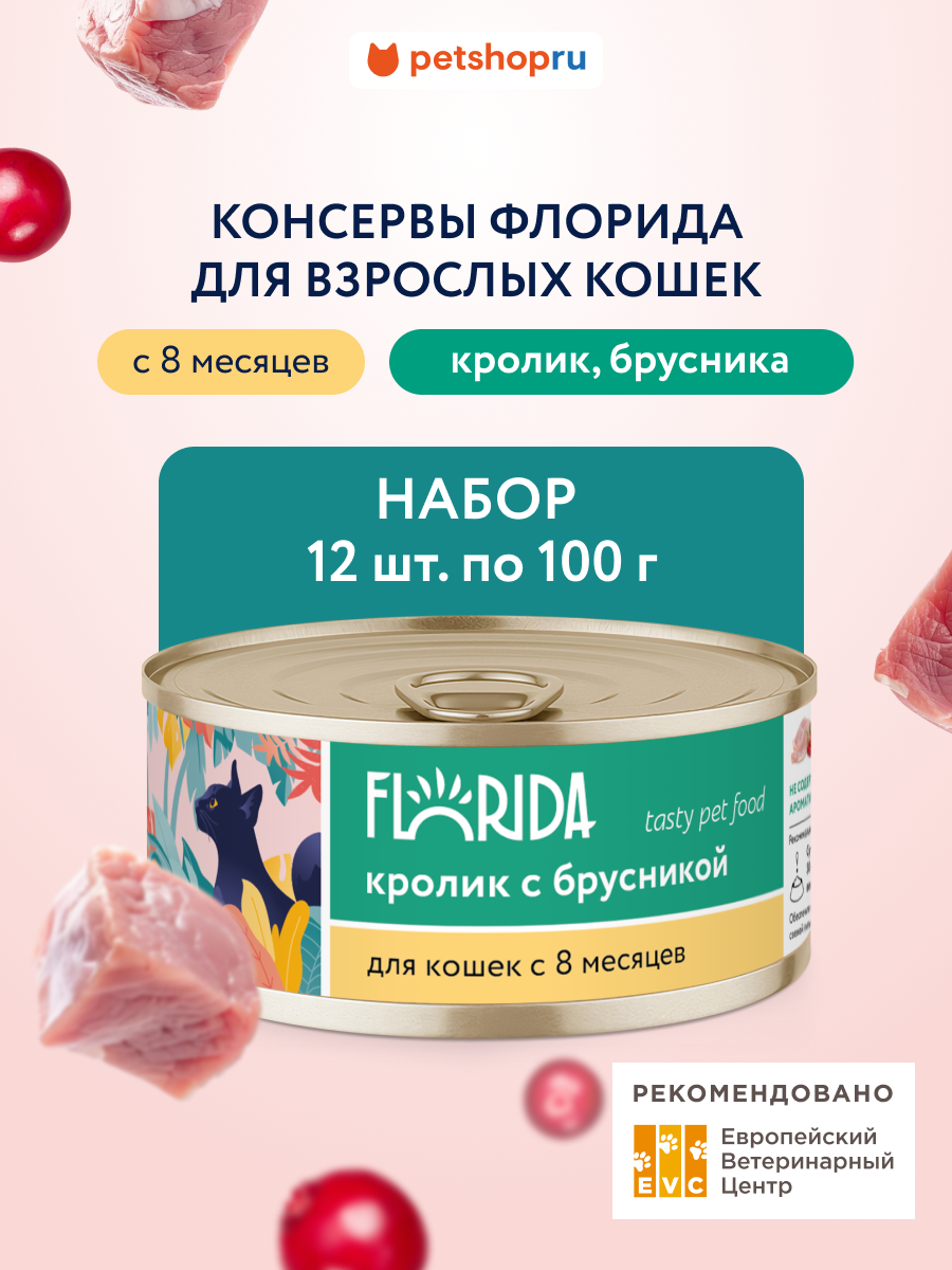 FLORIDA Консервы для кошек, кролик с брусникой, набор 12 шт по 100 г, влажный корм, 1,2 кг